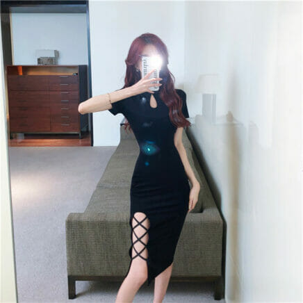 Modern Lady Buttons Stand Collar Split Slim Dress • Seoulinspired