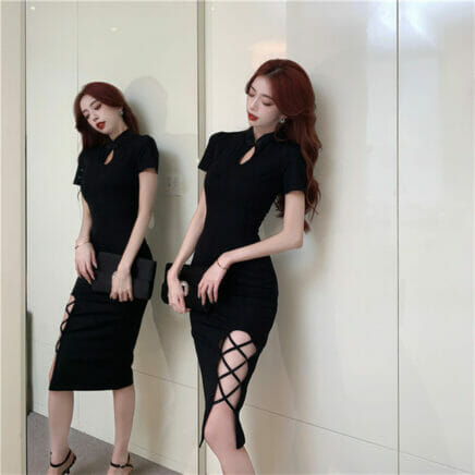 Modern Lady Buttons Stand Collar Split Slim Dress • Seoulinspired
