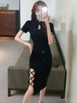 Modern Lady Buttons Stand Collar Split Slim Dress • Seoulinspired