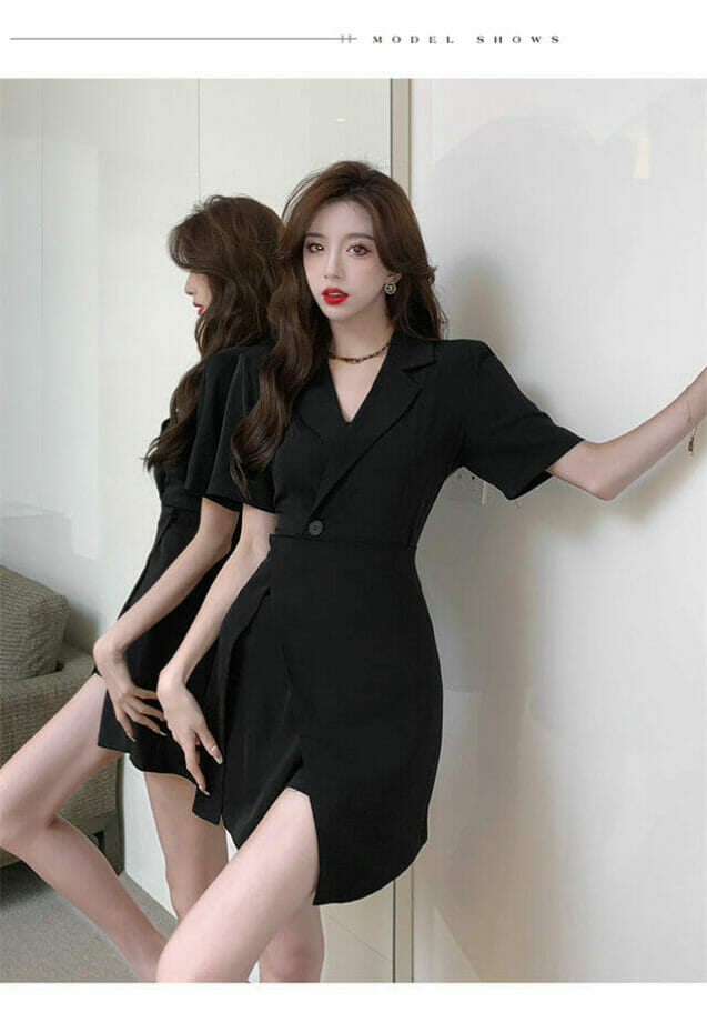 Modern OL Tailored Collar Split Dress With Short Pants • Seoulinspired