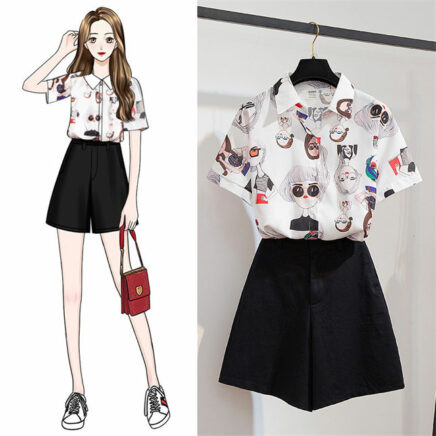 Preppy Fashion Cartoon Printings Blouse With Short Pants • Seoulinspired